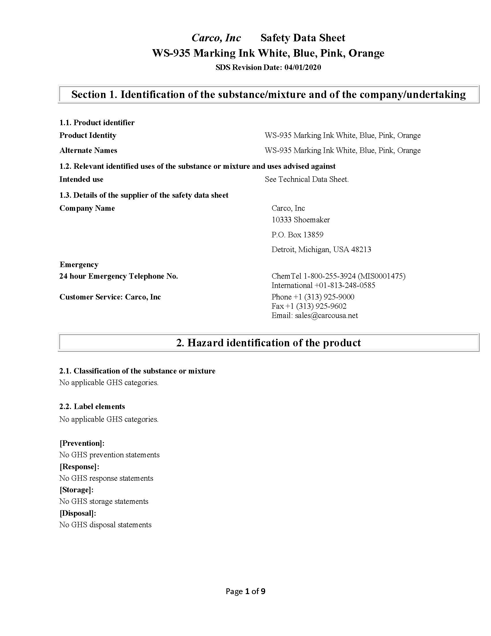 Safety Data Sheets (SDS) Archives - Carco, Inc.